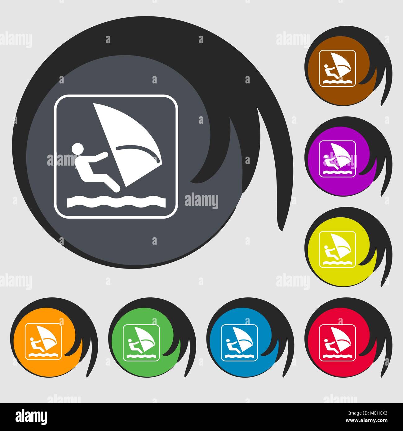 Windsurfing sign icon. Symbols on eight colored buttons. Vector ...