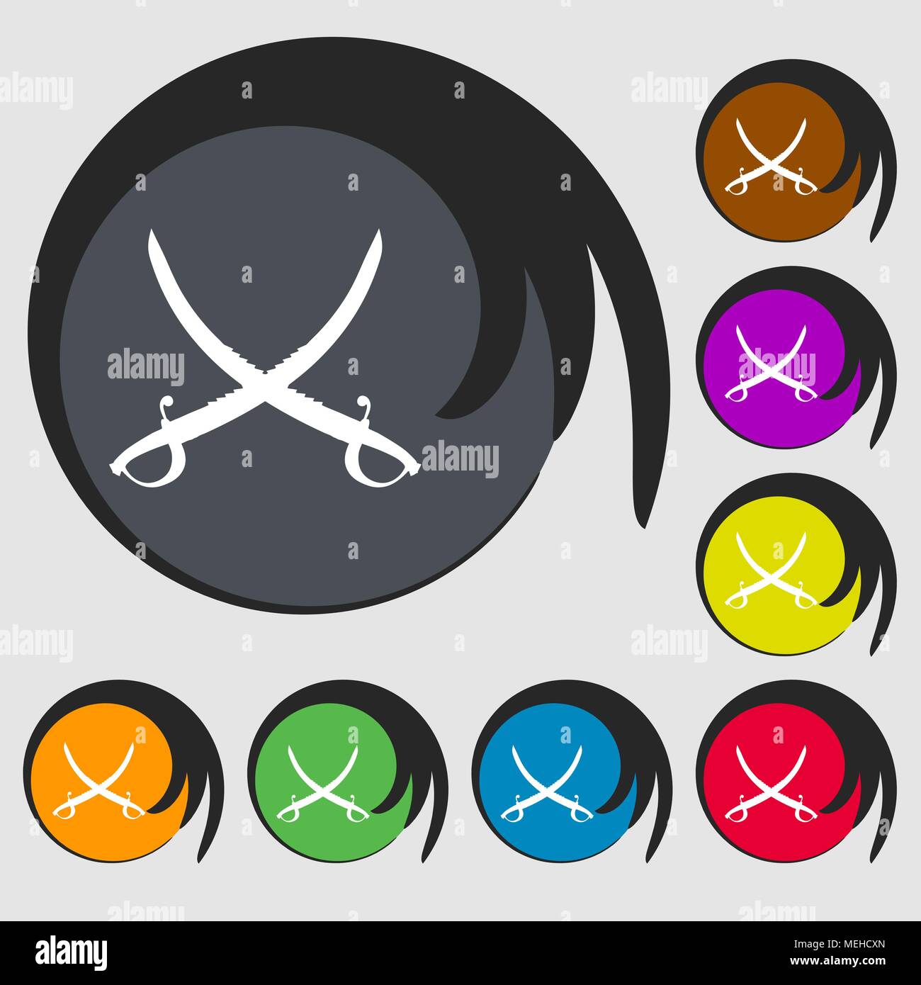 Crossed saber sign icon. Symbols on eight colored buttons. Vector ...
