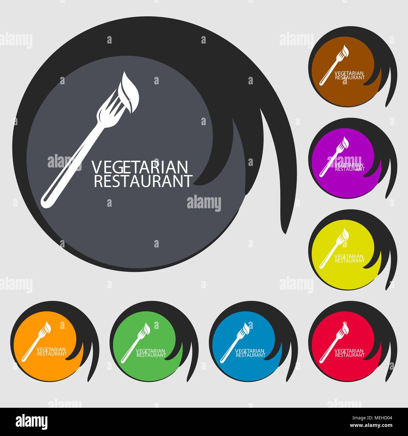 vegetarian restaurant sign icon. Symbols on eight colored buttons ...