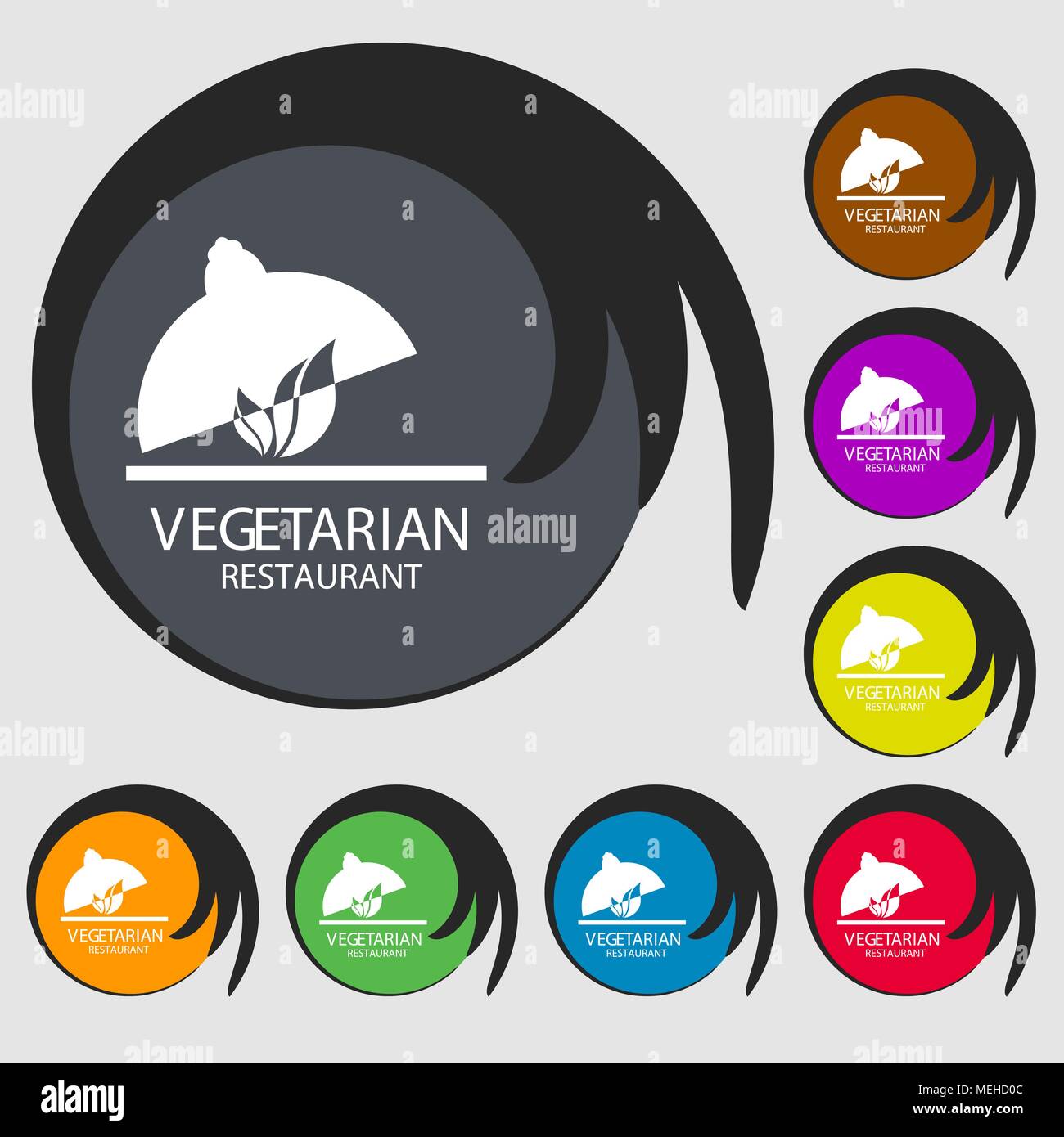 vegetarian restaurant sign icon. Symbols on eight colored buttons ...