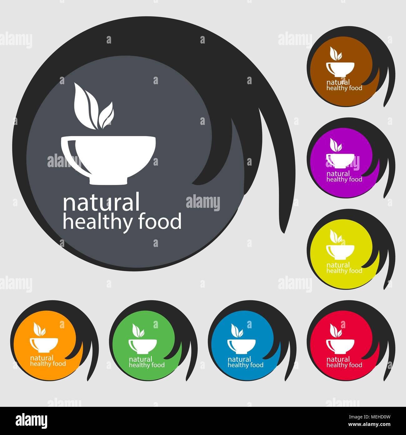 healthy food concept sign icon. Symbols on eight colored buttons ...