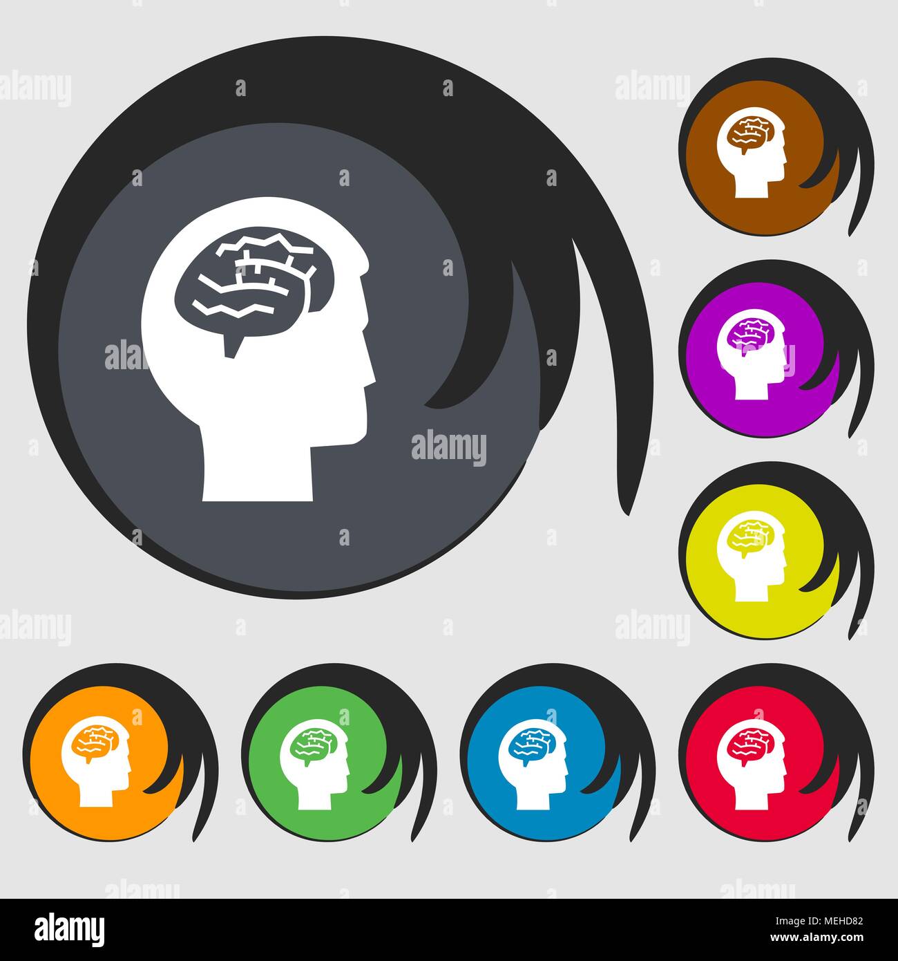 Brain sign icon. Symbols on eight colored buttons. Vector illustration ...