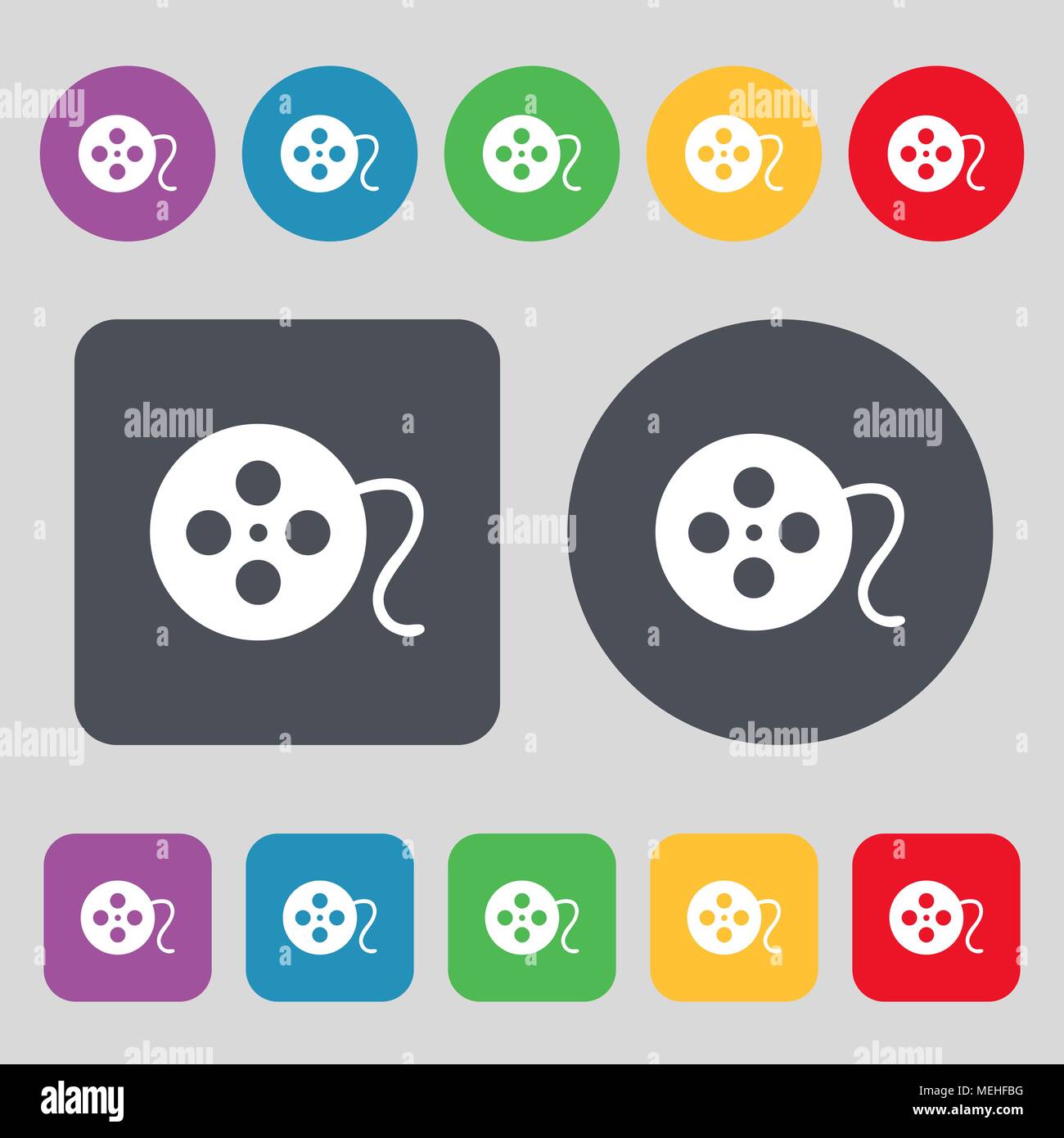 film icon sign. A set of 12 colored buttons. Flat design. Vector ...