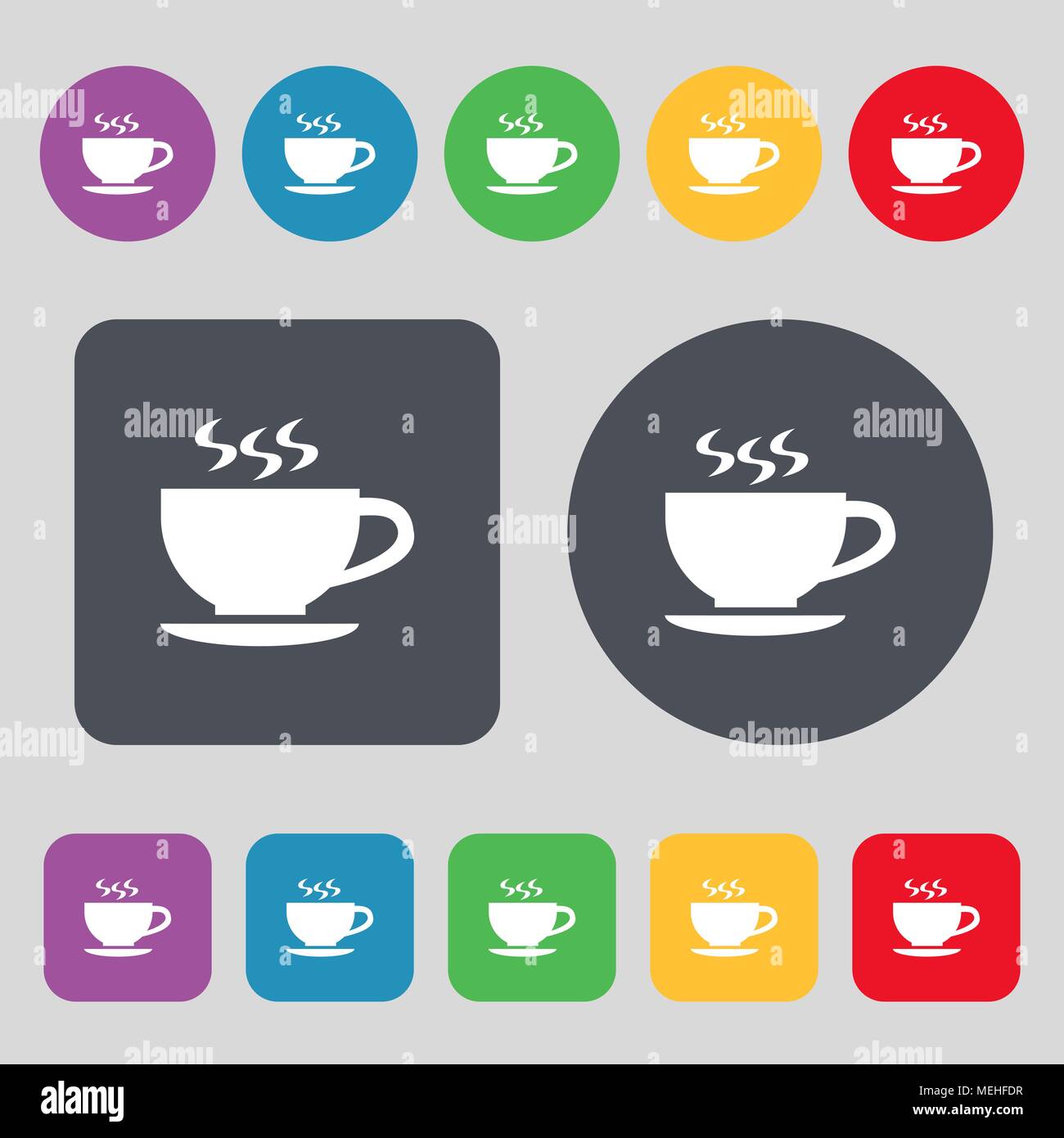 The tea and cup icon sign. A set of 12 colored buttons. Flat design ...