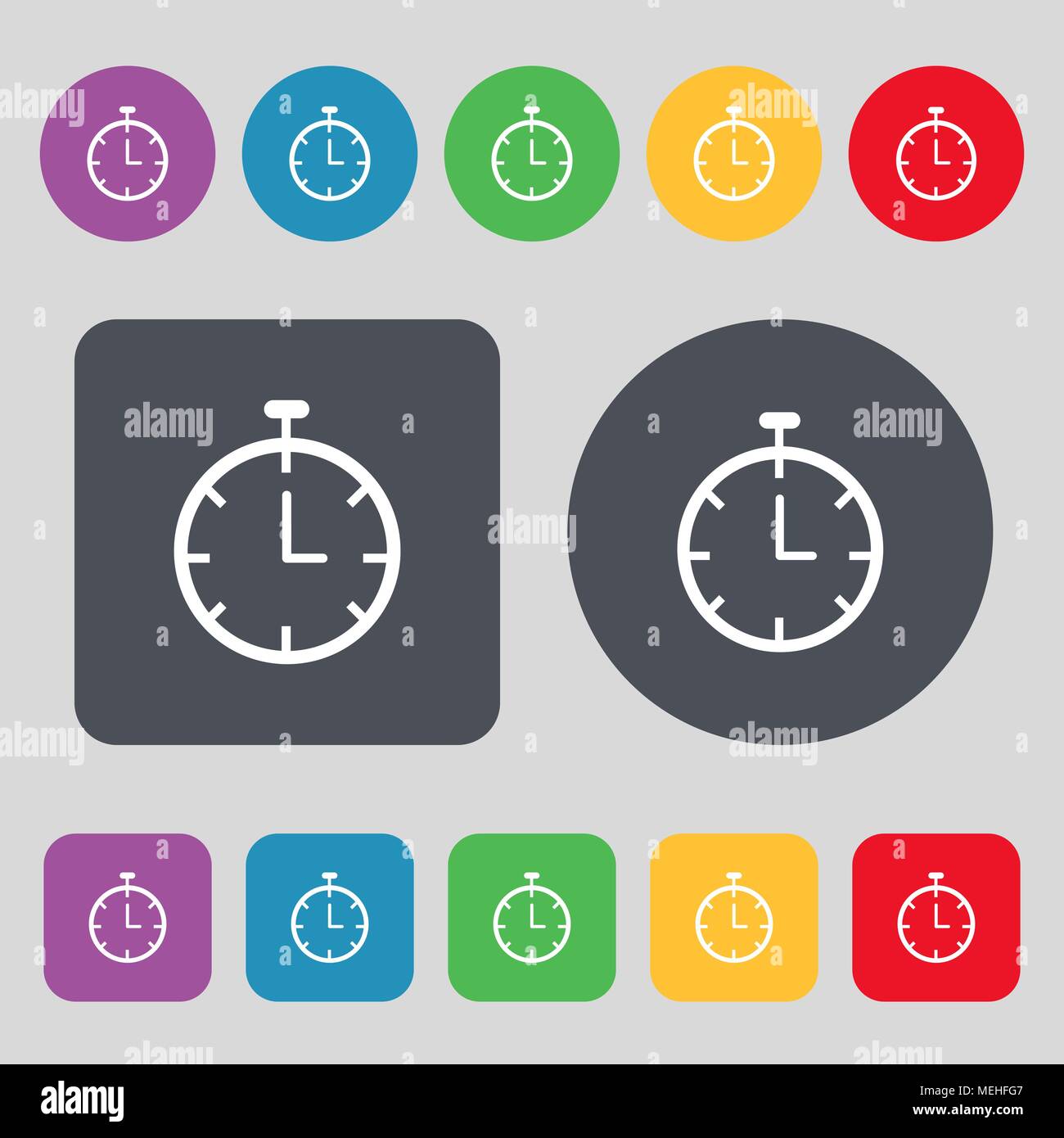 Stopwatch icon sign. A set of 12 colored buttons. Flat design. Vector ...