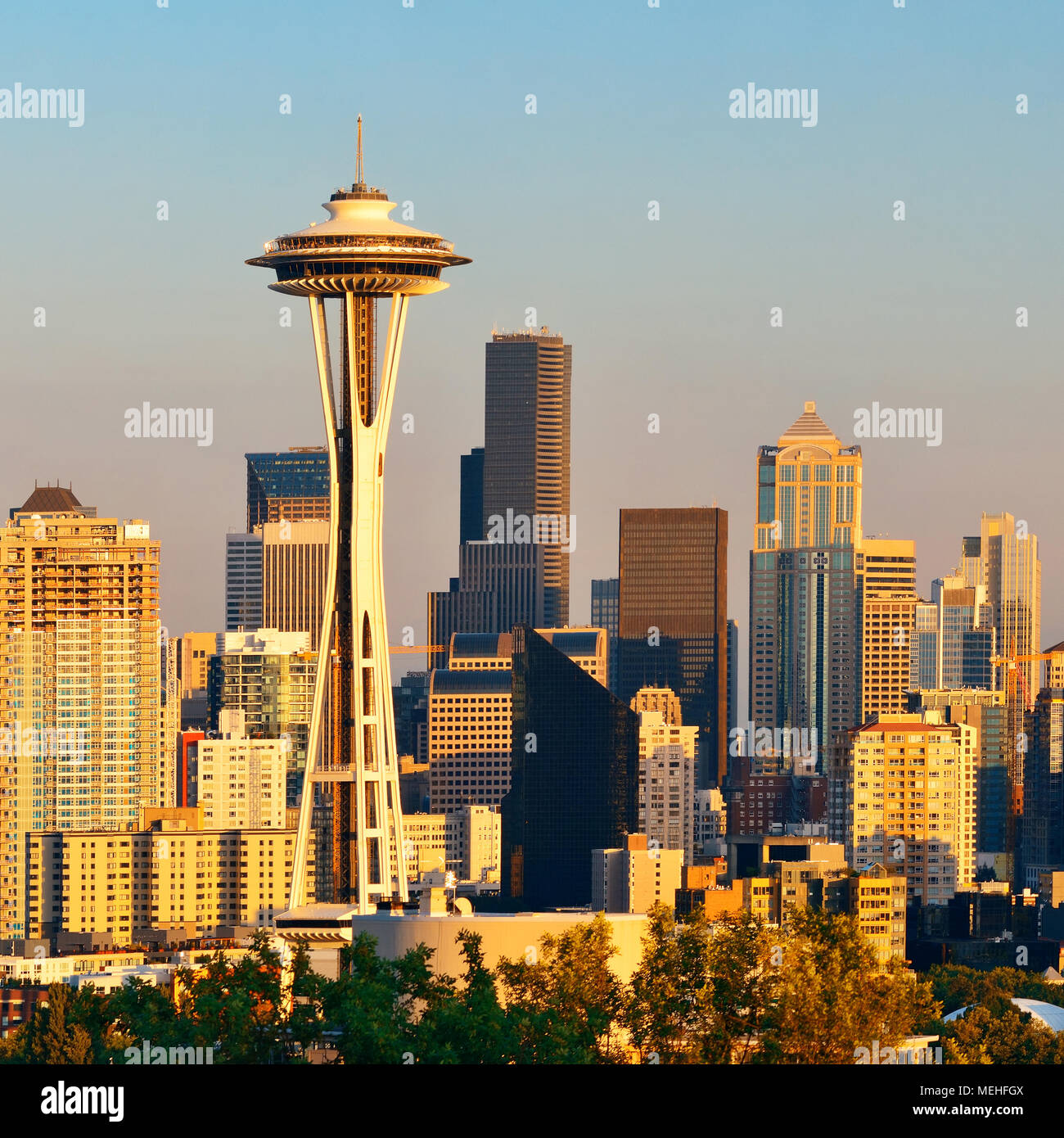 Seattle city skyline at sunset with urban office buildings viewed from ...
