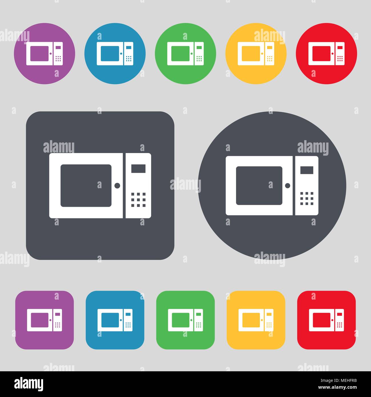microwave icon sign. A set of 12 colored buttons. Flat design. Vector ...