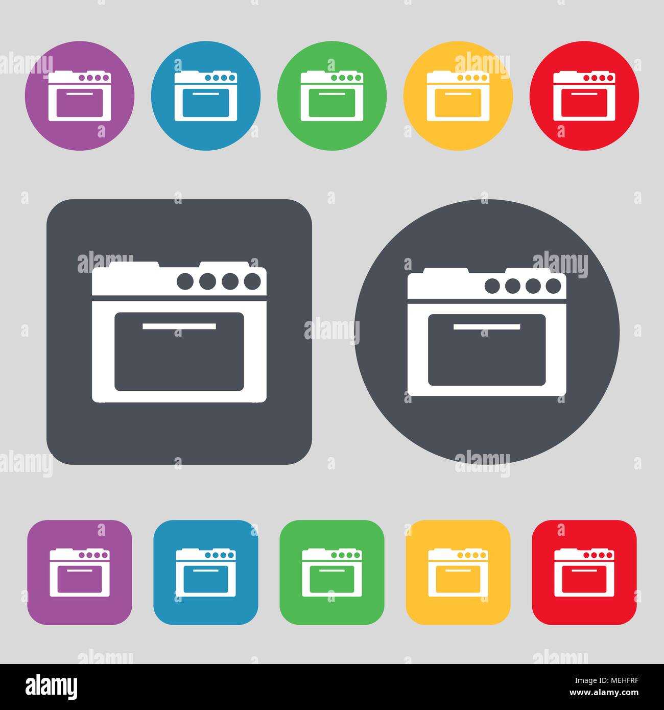 kitchen stove icon sign. A set of 12 colored buttons. Flat design ...