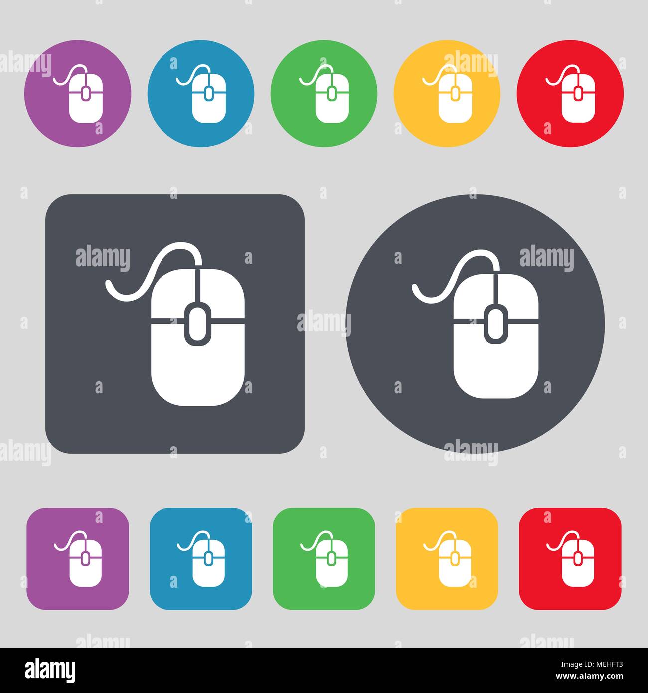 Computer mouse icon sign. A set of 12 colored buttons. Flat design ...