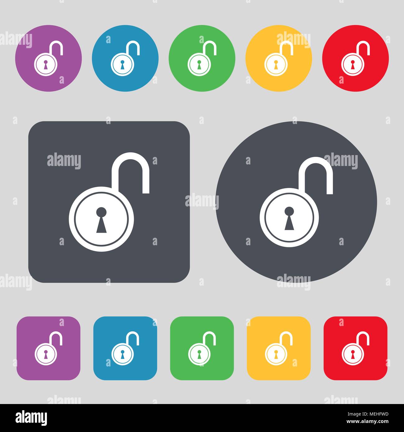 open lock icon sign. A set of 12 colored buttons. Flat design. Vector ...