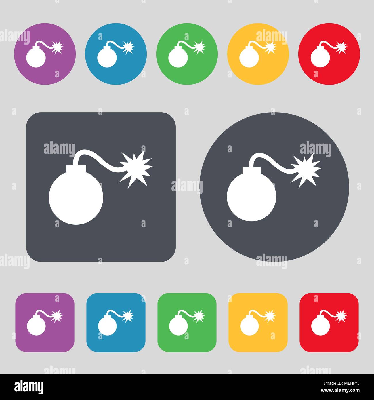 bomb icon sign. A set of 12 colored buttons. Flat design. Vector ...