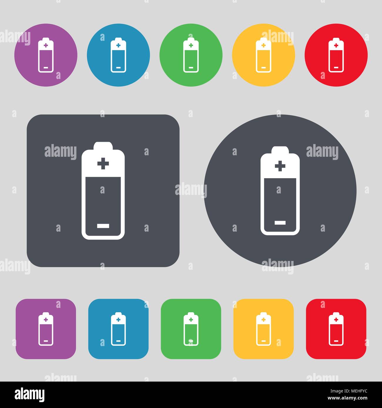 battery icon sign. A set of 12 colored buttons. Flat design. Vector ...