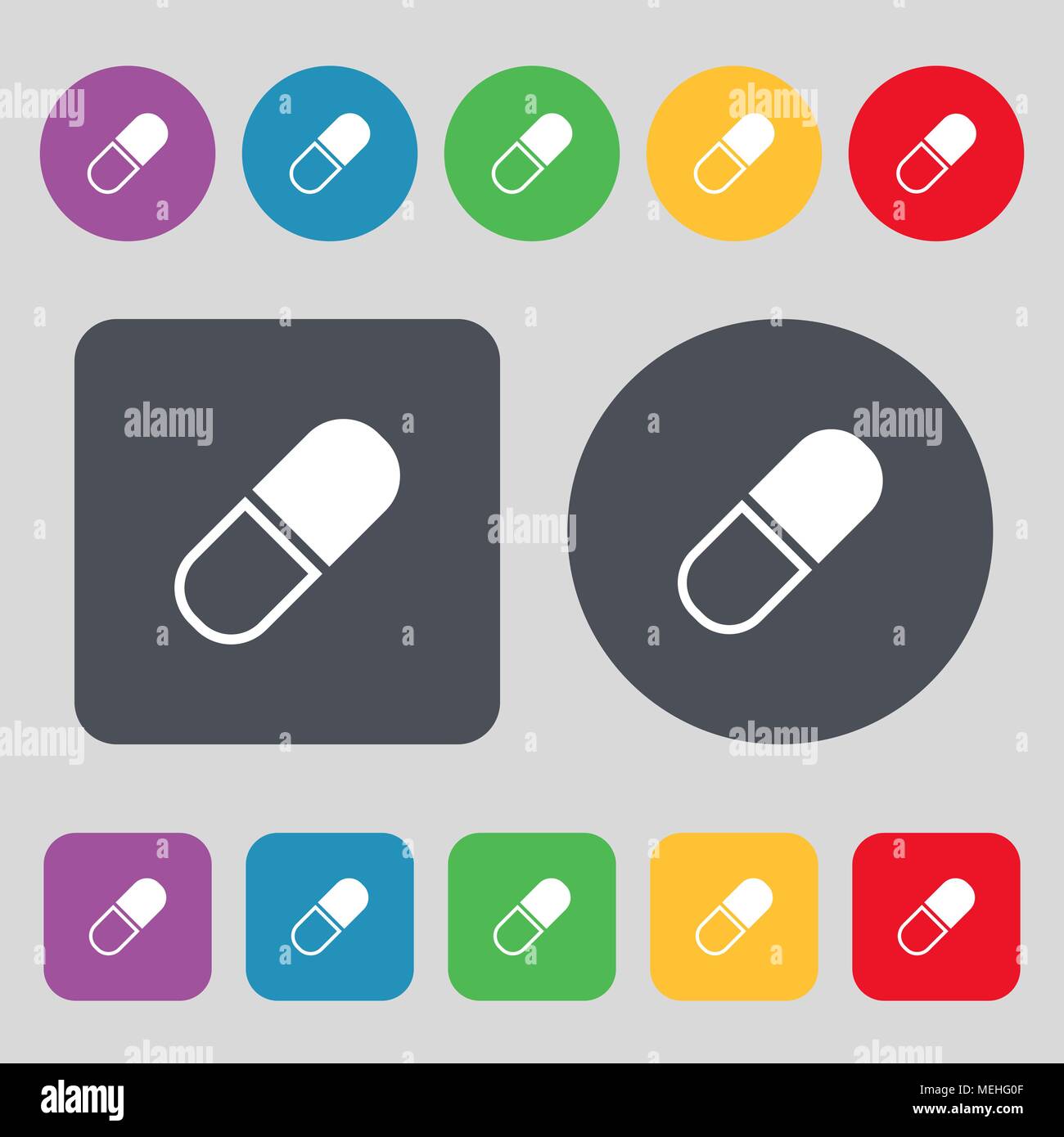 pill icon sign. A set of 12 colored buttons. Flat design. Vector ...