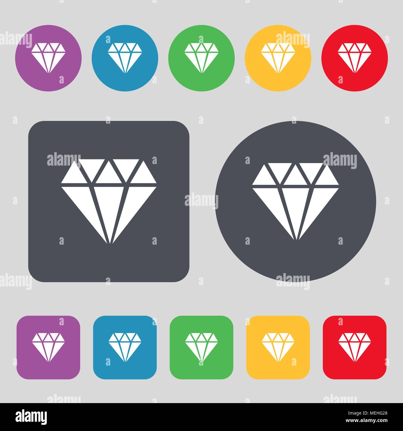 diamond icon sign. A set of 12 colored buttons. Flat design. Vector ...