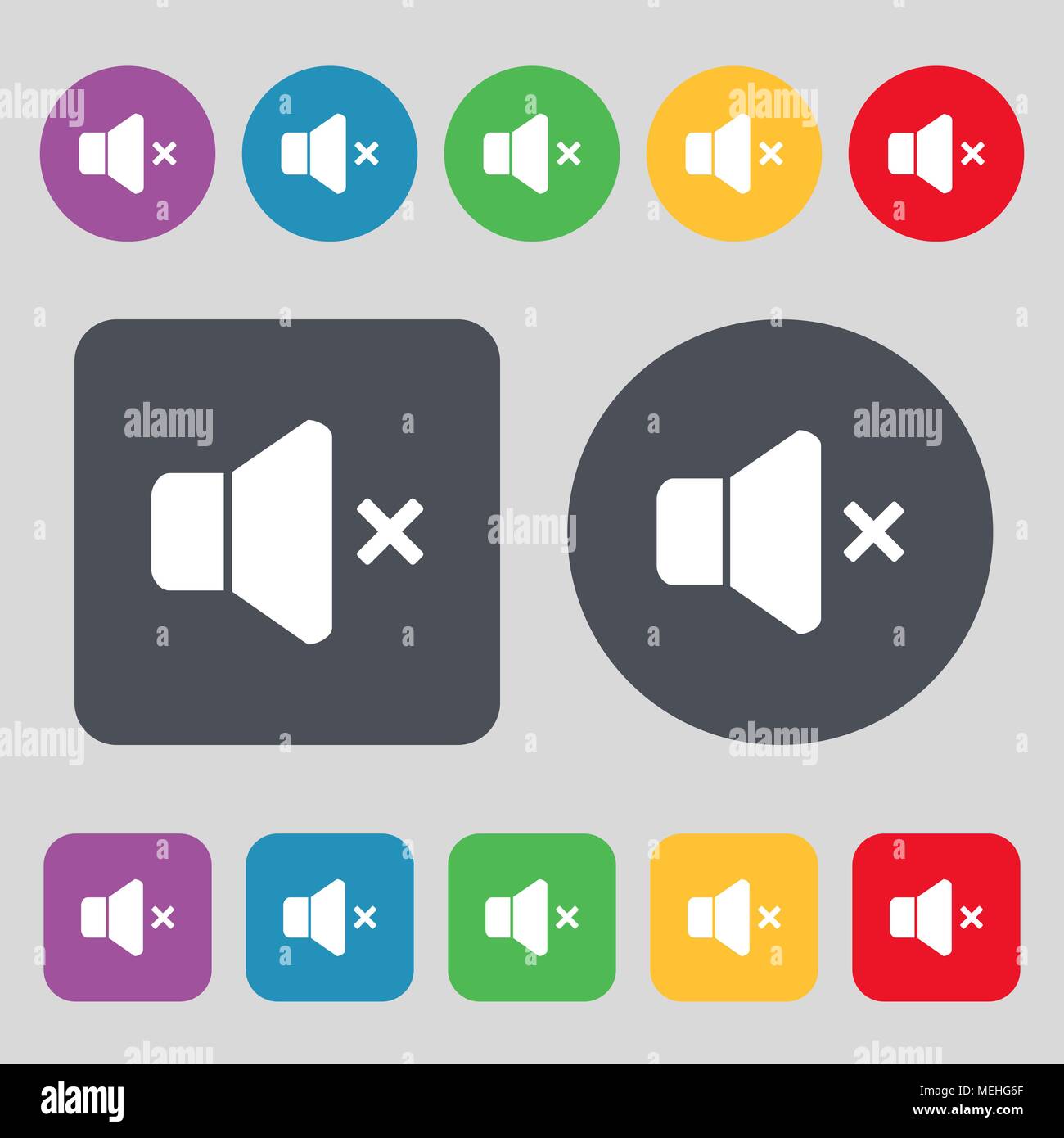 No Volume icon sign. A set of 12 colored buttons. Flat design. Vector ...