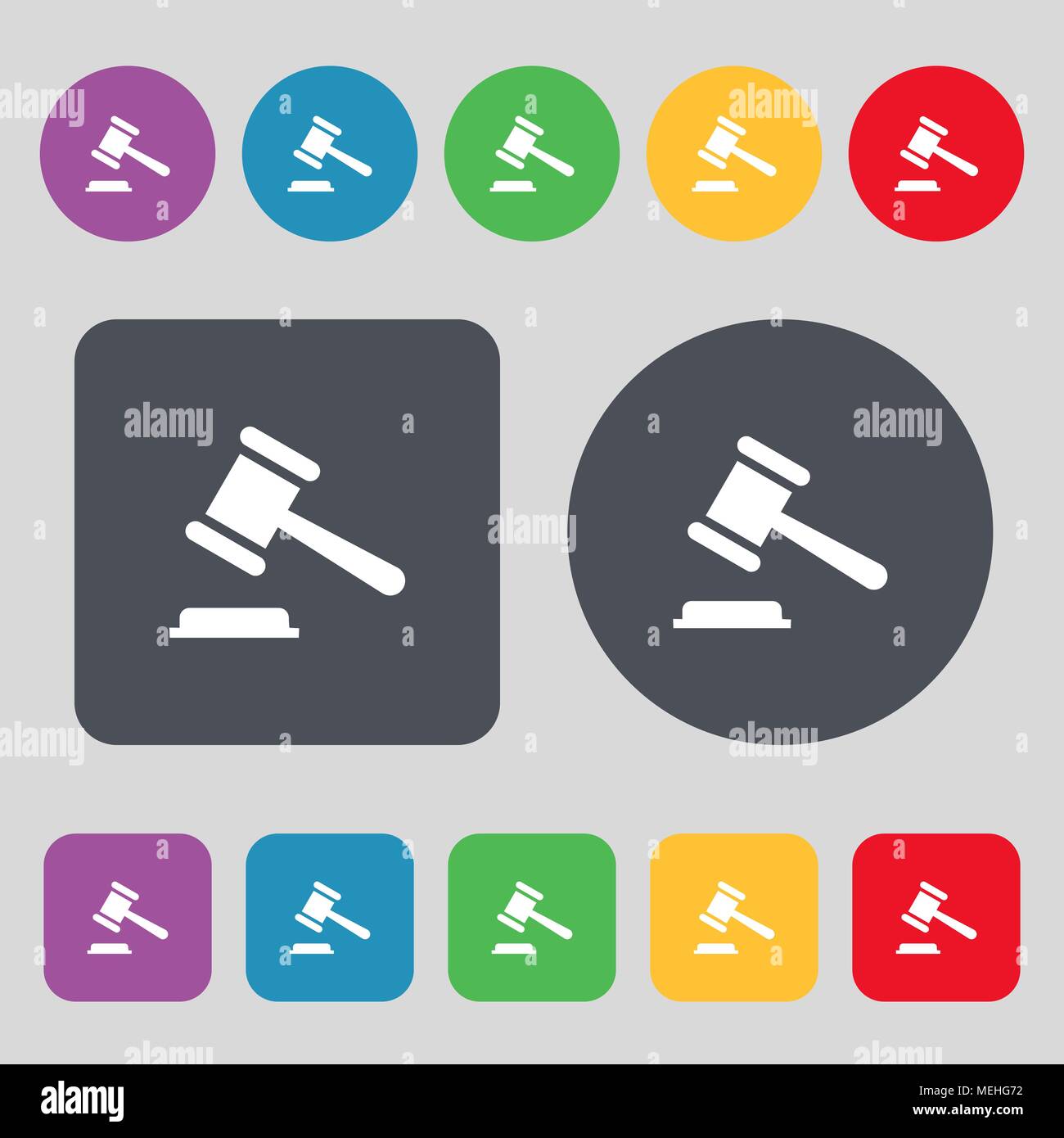 judge or auction hammer icon sign. A set of 12 colored buttons. Flat ...