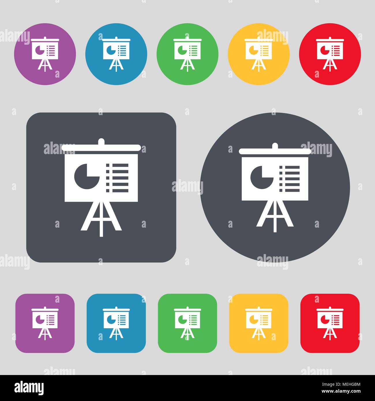 presentation board icon sign. A set of 12 colored buttons. Flat design ...