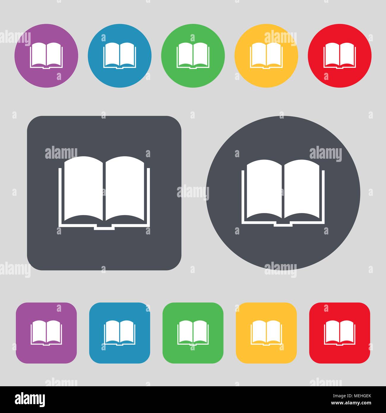 Book icon sign. A set of 12 colored buttons. Flat design. Vector ...