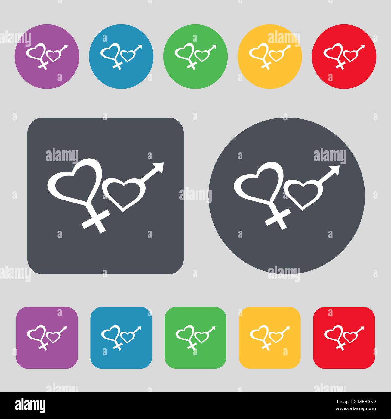 Male and female icon sign. A set of 12 colored buttons. Flat design ...