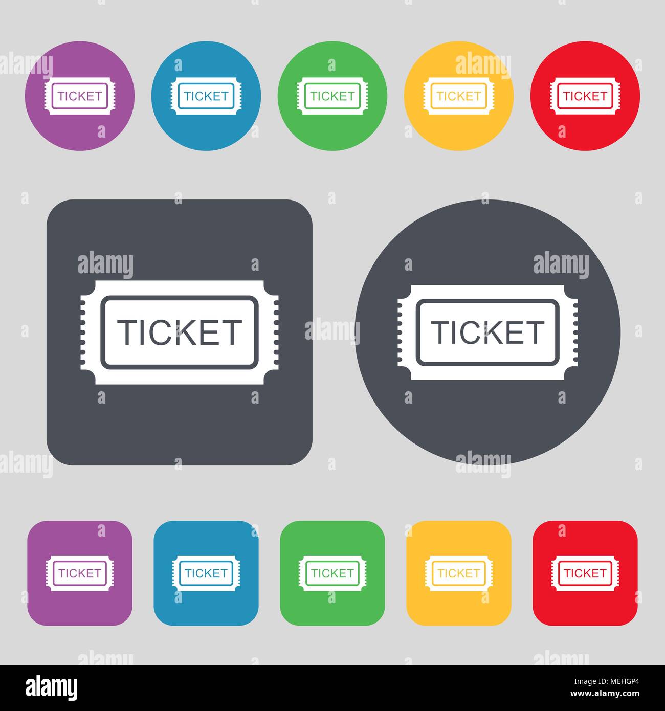 Ticket icon sign. A set of 12 colored buttons. Flat design. Vector ...
