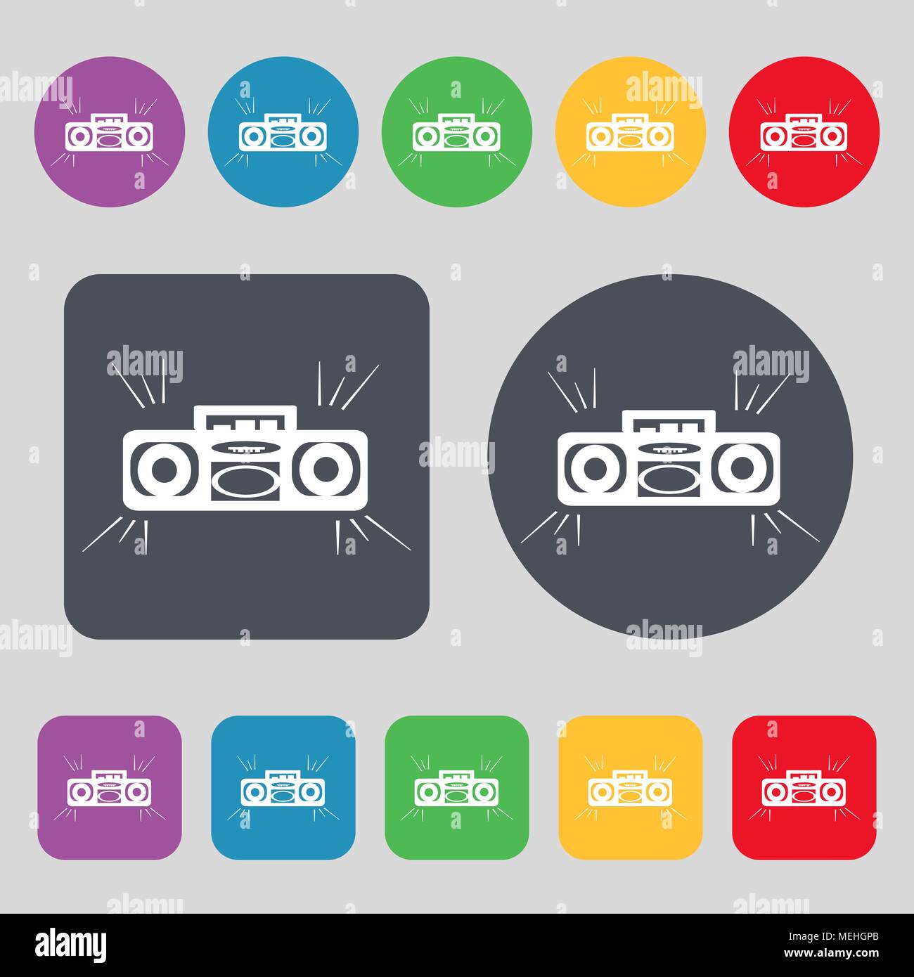 Radio cassette player icon sign. A set of 12 colored buttons. Flat ...