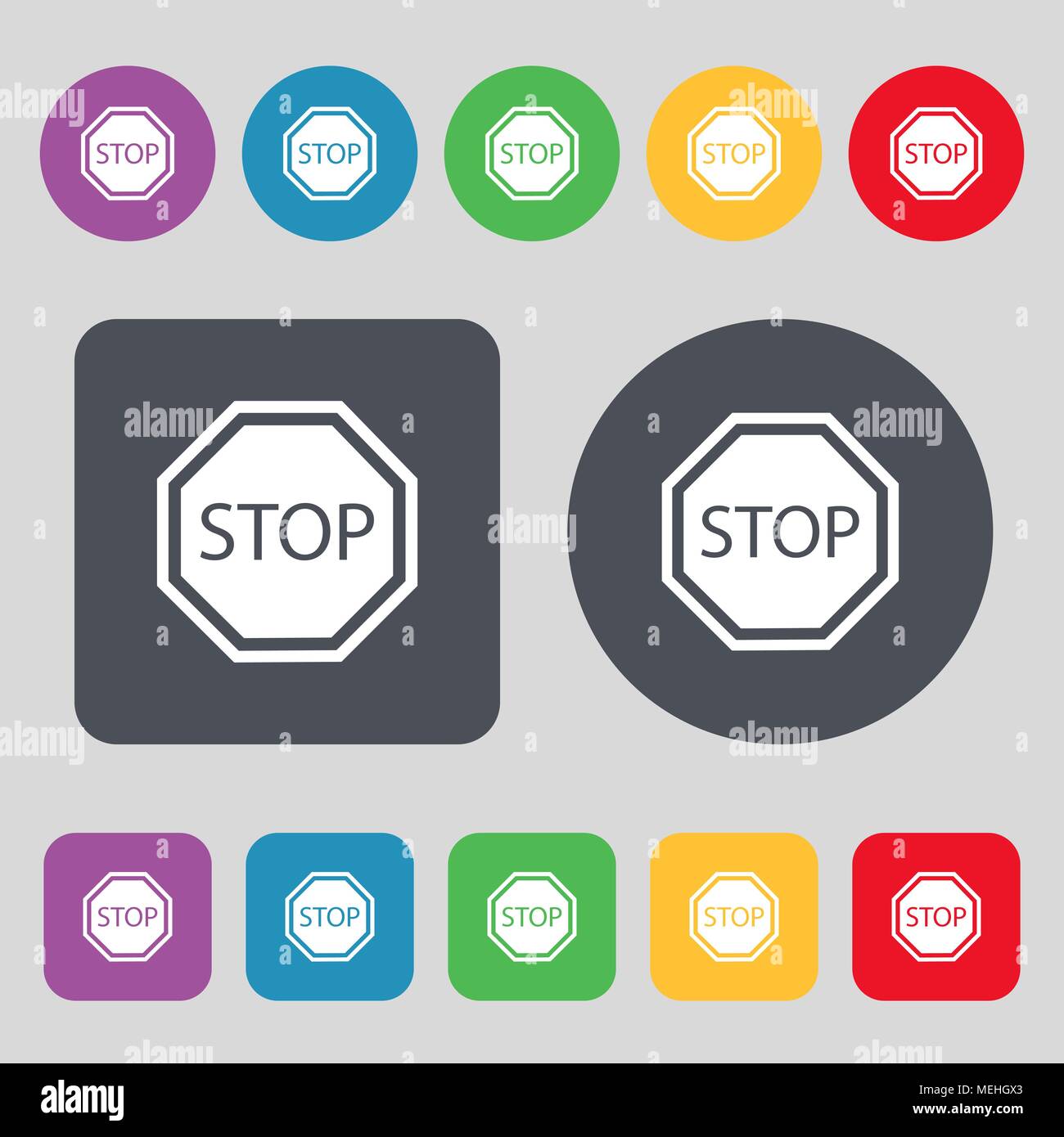 Stop icon sign. A set of 12 colored buttons. Flat design. Vector ...