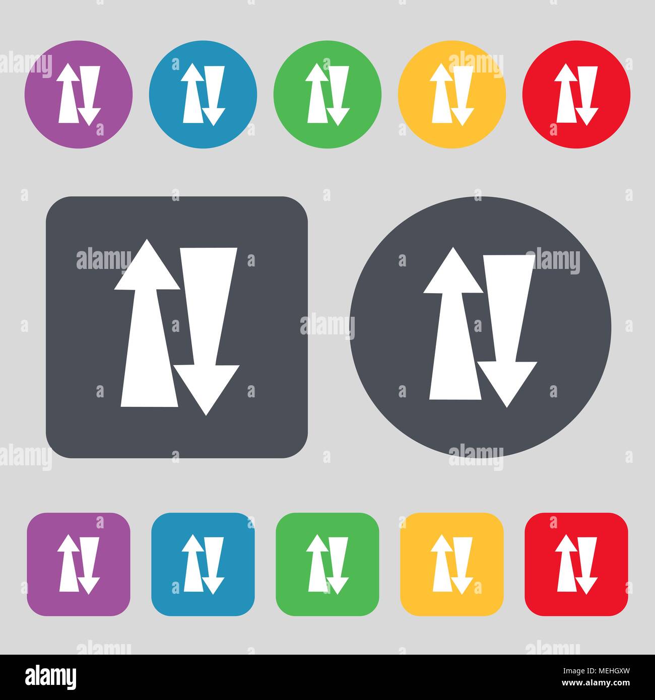 Two way traffic, icon sign. A set of 12 colored buttons. Flat design ...