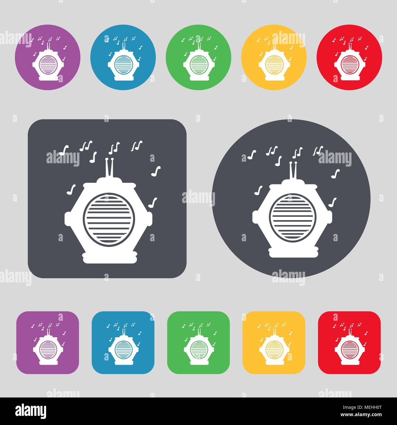 old analog radio icon sign. A set of 12 colored buttons. Flat design ...