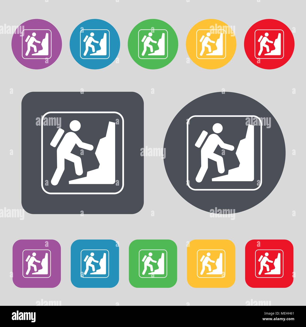 rock climbing icon sign. A set of 12 colored buttons. Flat design ...