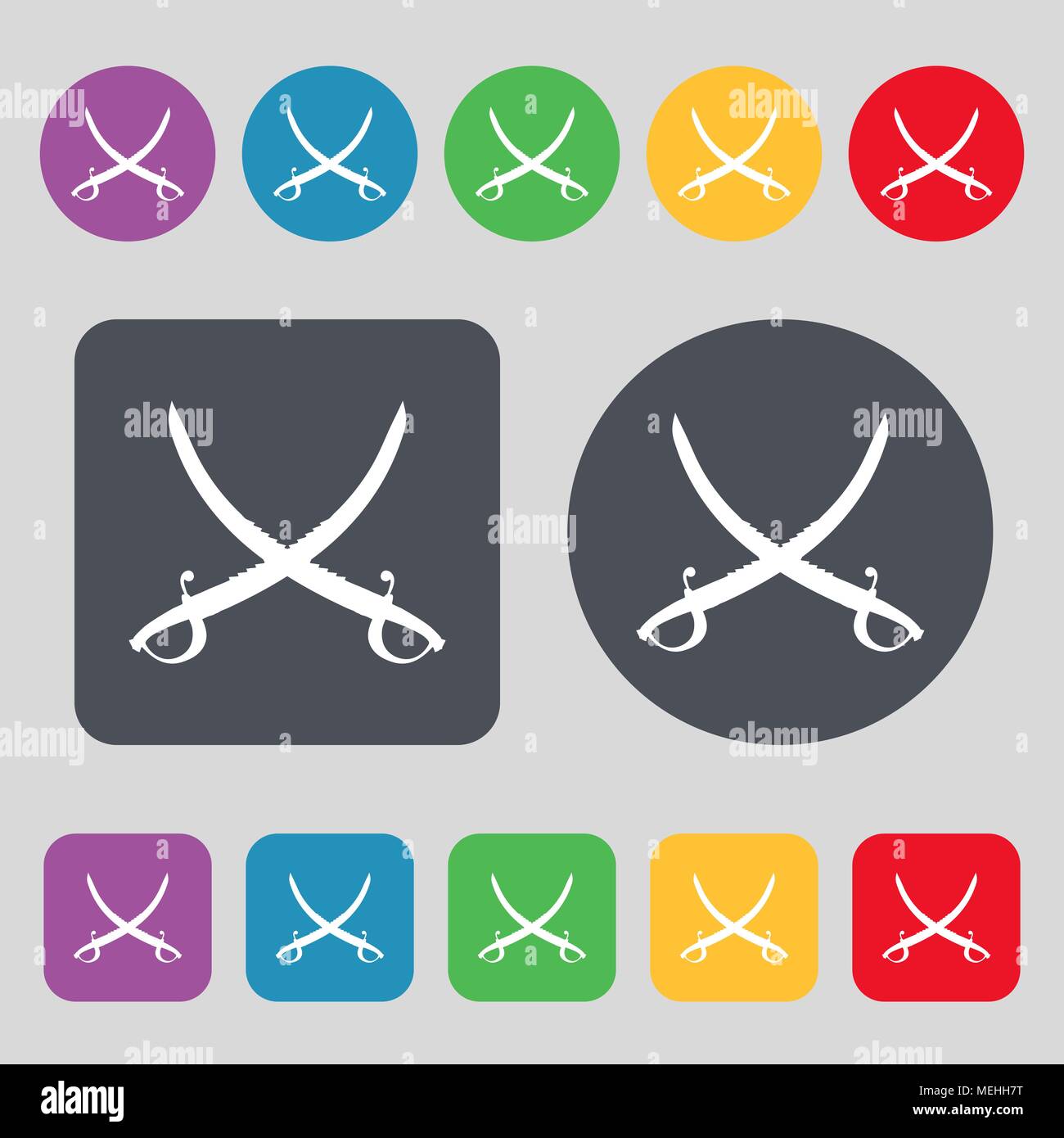 Crossed saber icon sign. A set of 12 colored buttons. Flat design. Vector illustration Stock ...