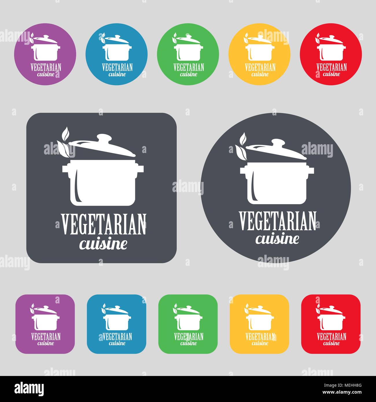 vegetarian cuisine icon sign. A set of 12 colored buttons. Flat design ...
