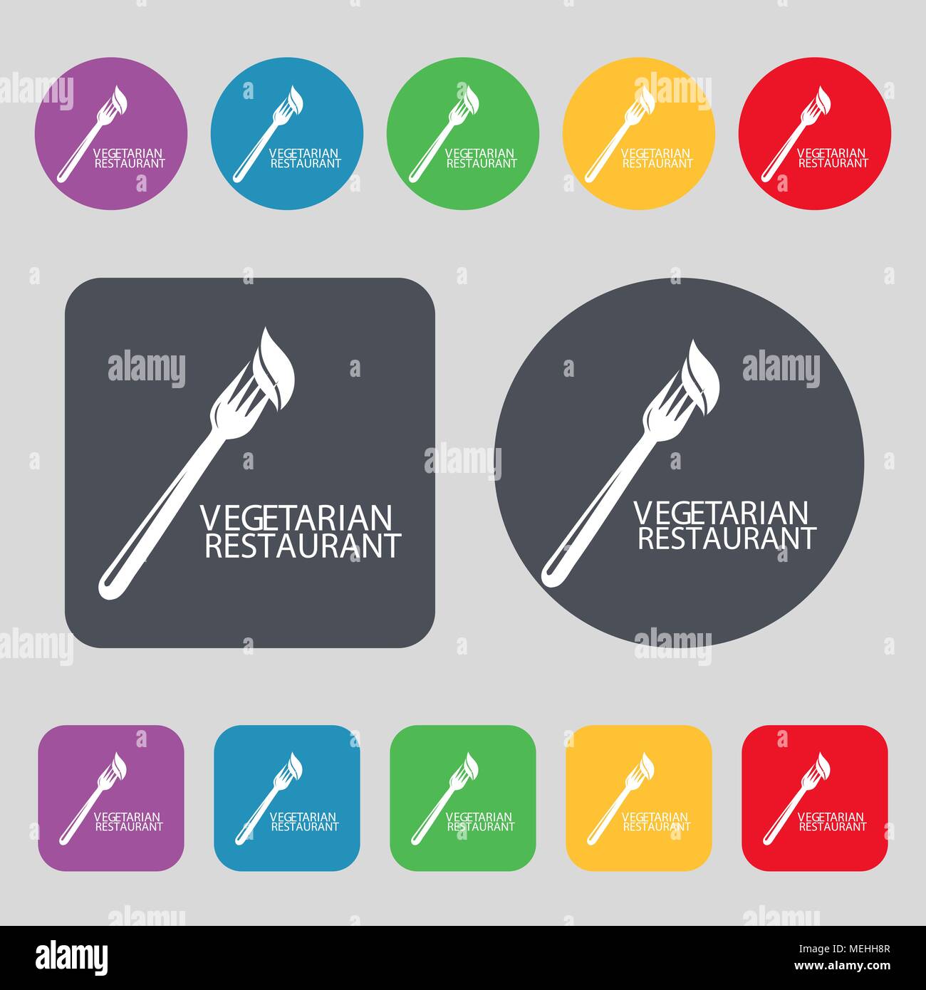 vegetarian restaurant icon sign. A set of 12 colored buttons. Flat ...