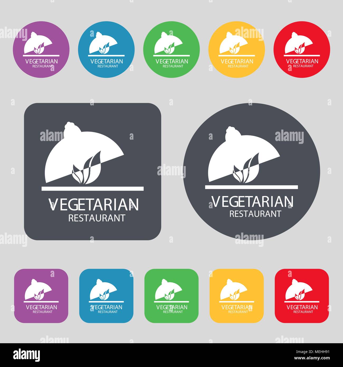vegetarian restaurant icon sign. A set of 12 colored buttons. Flat ...