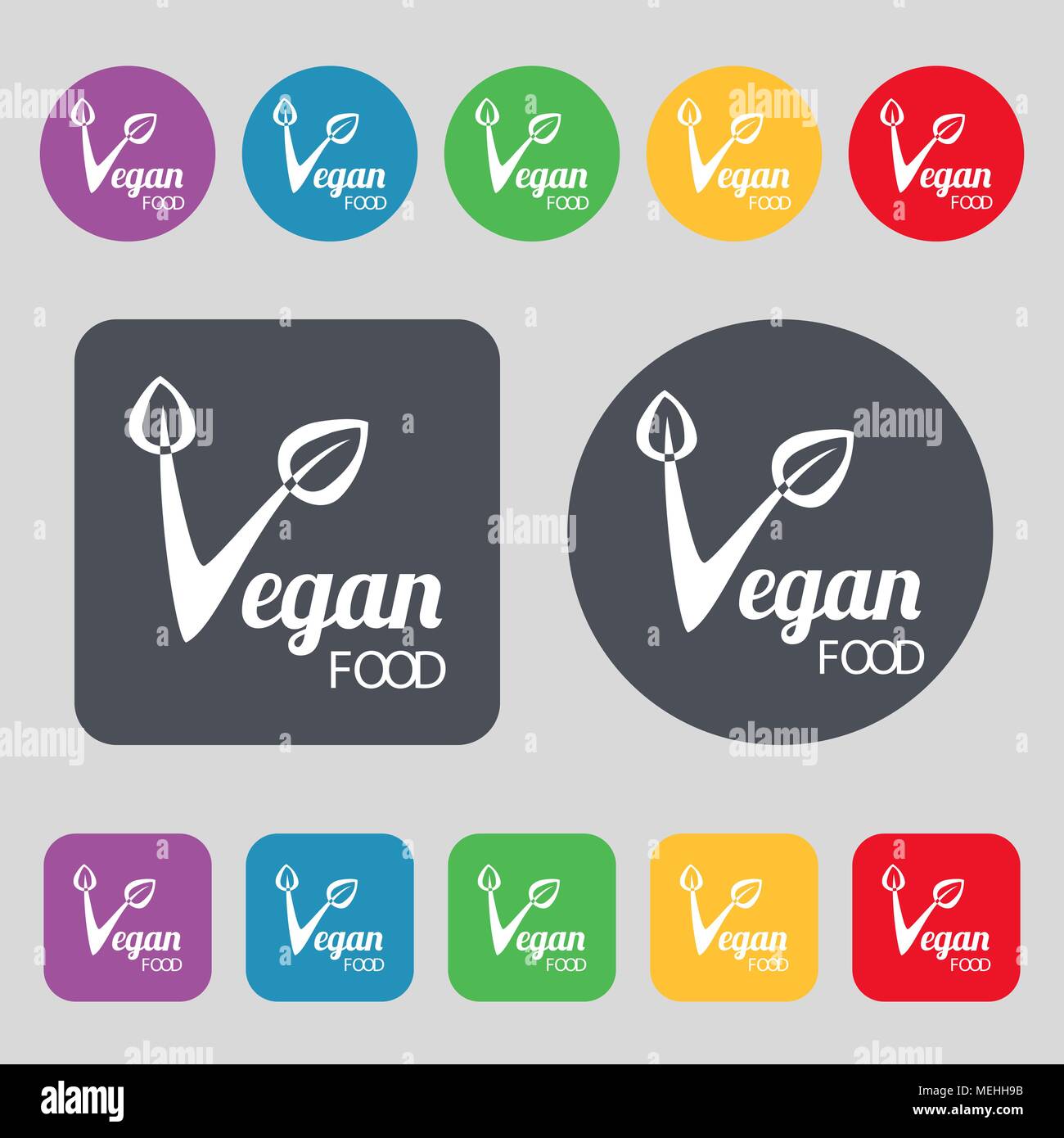 Vegan food graphic design icon sign. A set of 12 colored buttons. Flat ...