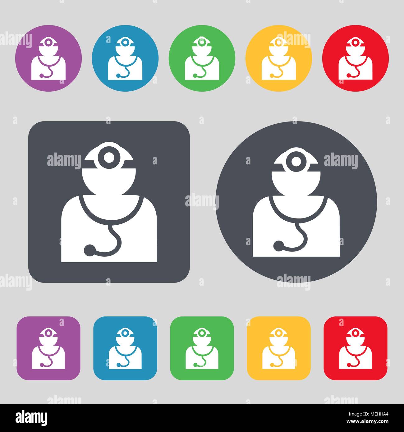 Doctor with stethoscope around his neck icon sign. A set of 12 colored ...