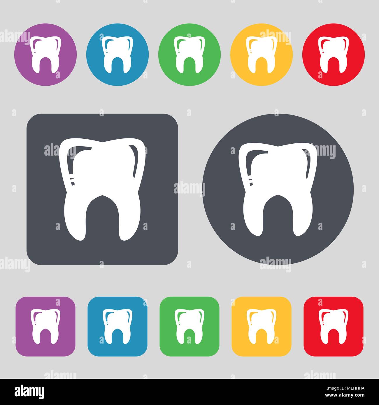 Tooth icon sign. A set of 12 colored buttons. Flat design. Vector ...