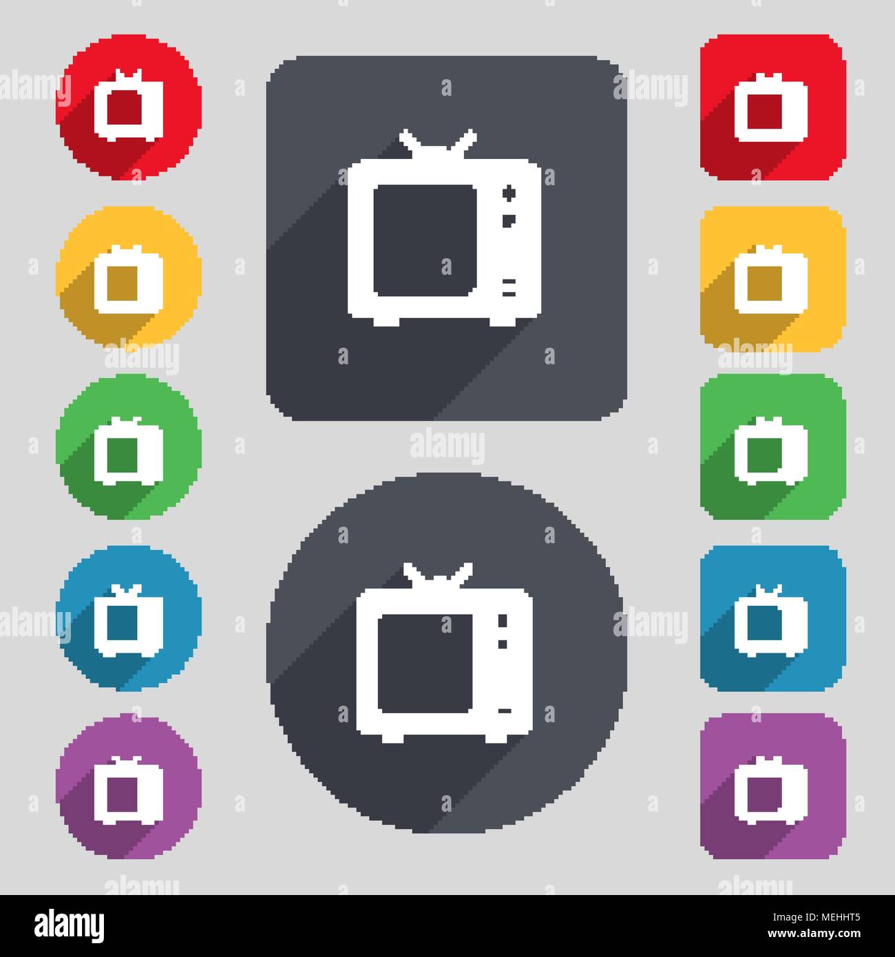 Old TV, Television icon sign. A set of 12 colored buttons and a long ...