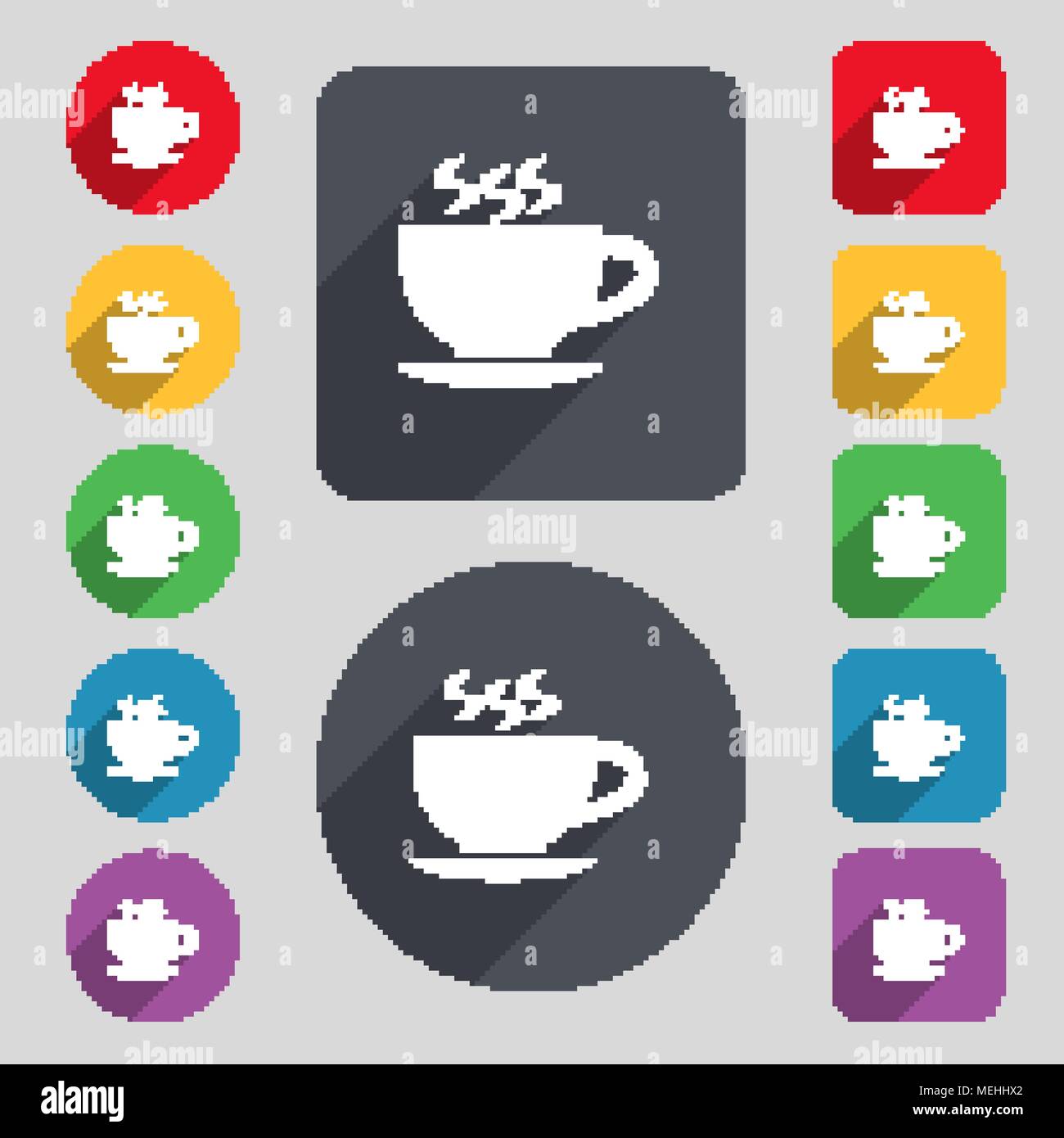 The tea and cup icon sign. A set of 12 colored buttons and a long ...