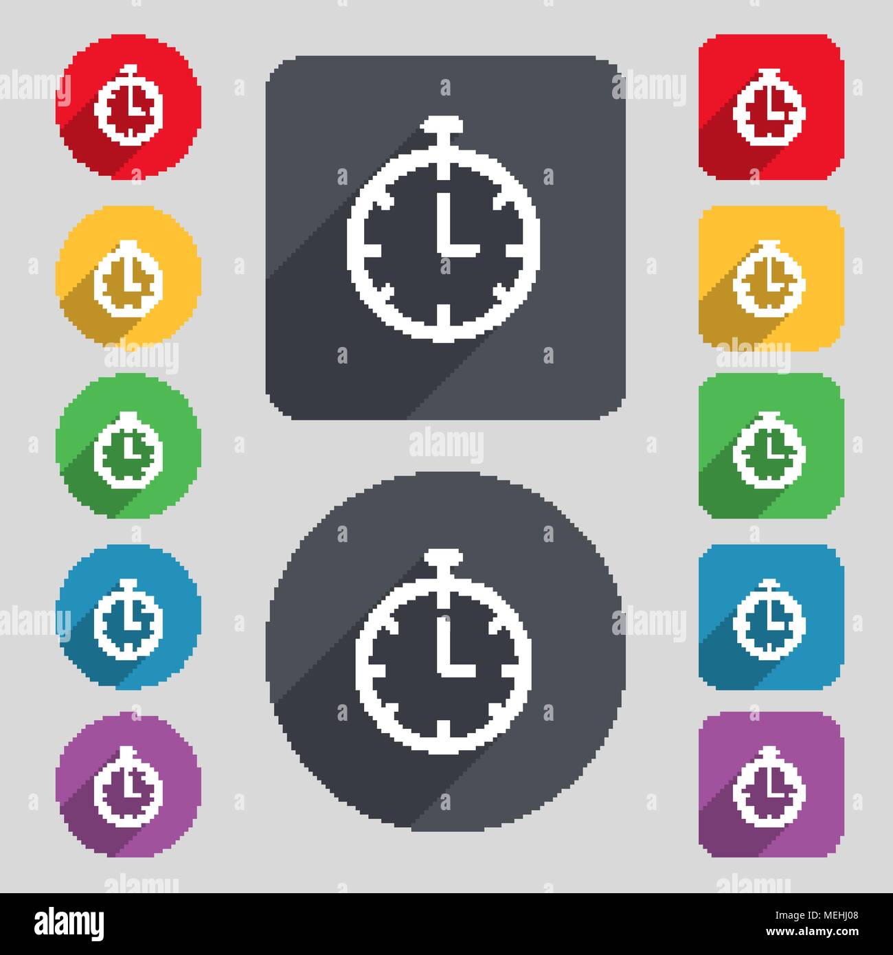 Stopwatch icon sign. A set of 12 colored buttons and a long shadow ...