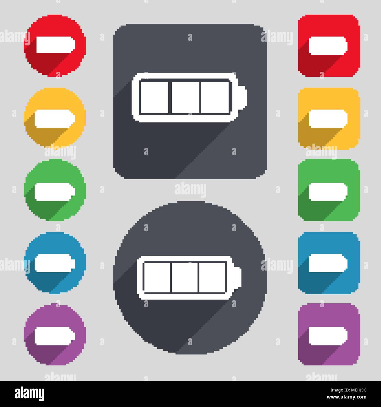 Battery fully charged icon sign. A set of 12 colored buttons and a long ...