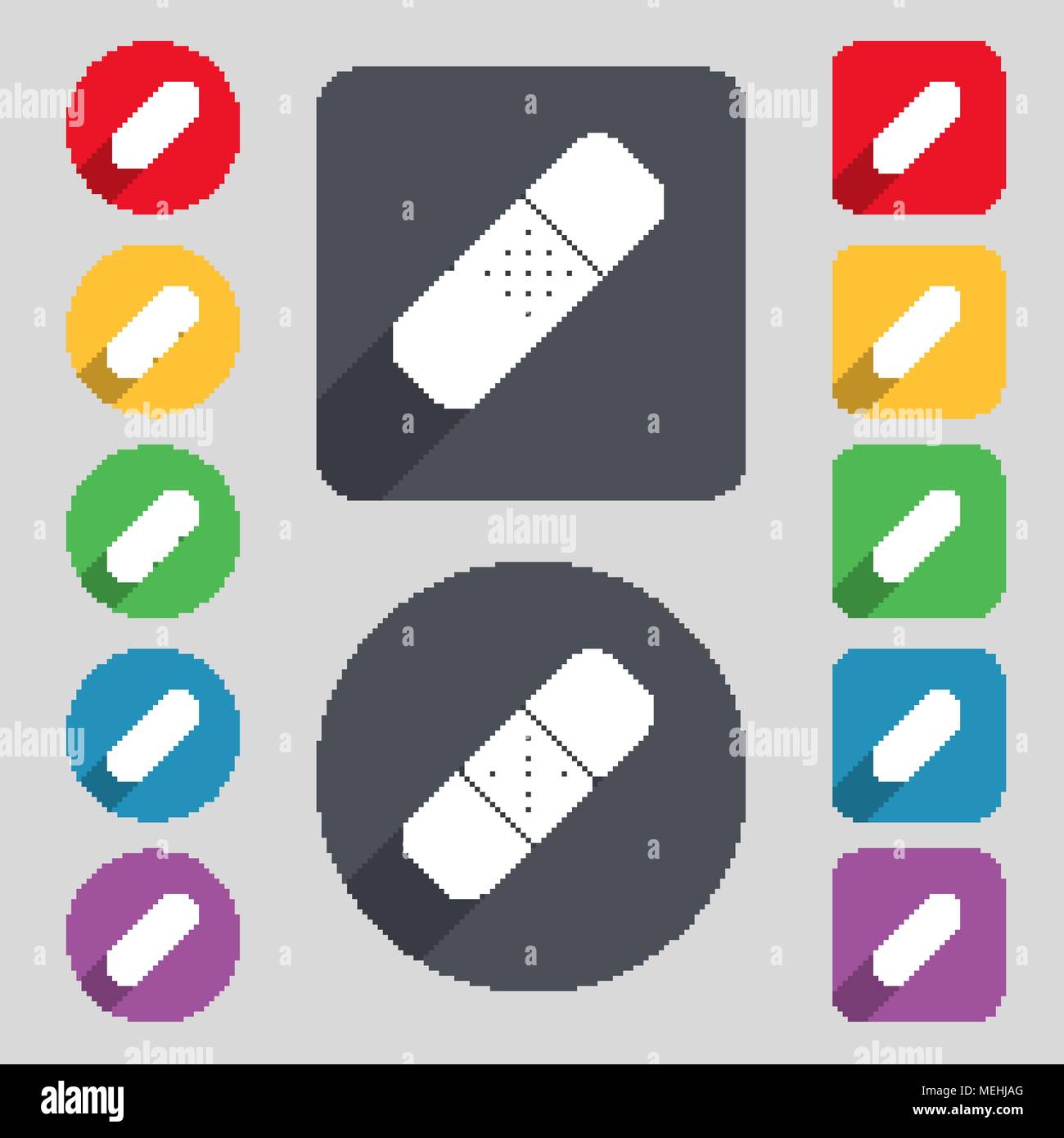 Plaster icon sign. A set of 12 colored buttons and a long shadow. Flat ...