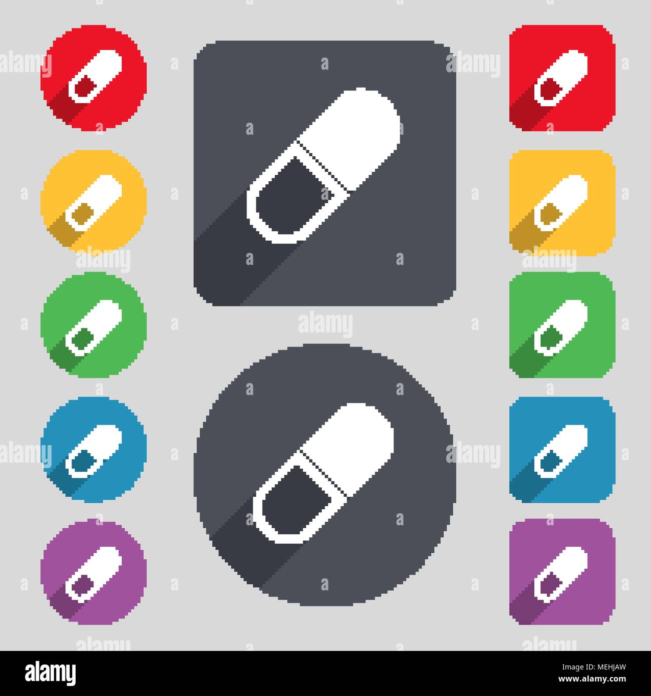 pill icon sign. A set of 12 colored buttons and a long shadow. Flat ...