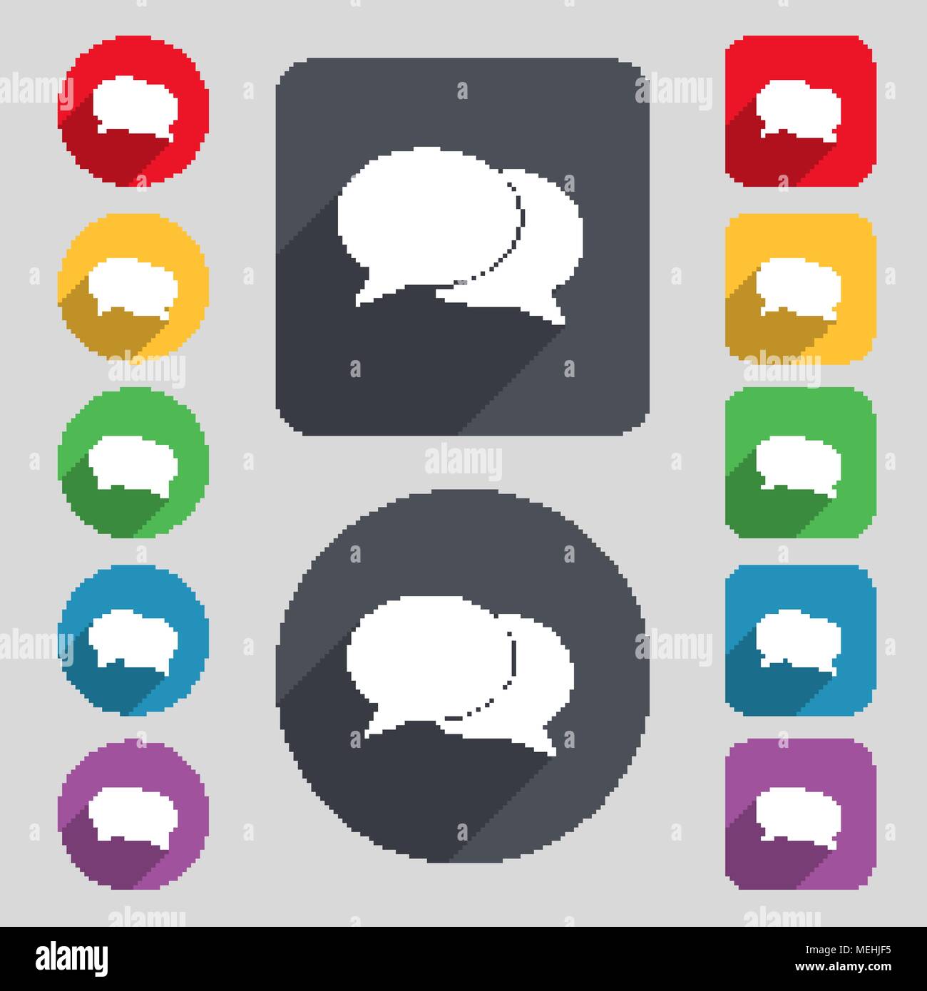Speech bubbles icon sign. A set of 12 colored buttons and a long shadow ...