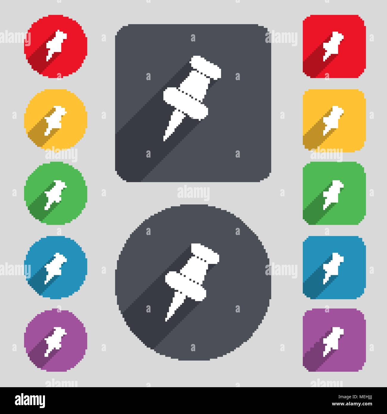 push pin icon sign. A set of 12 colored buttons and a long shadow. Flat ...