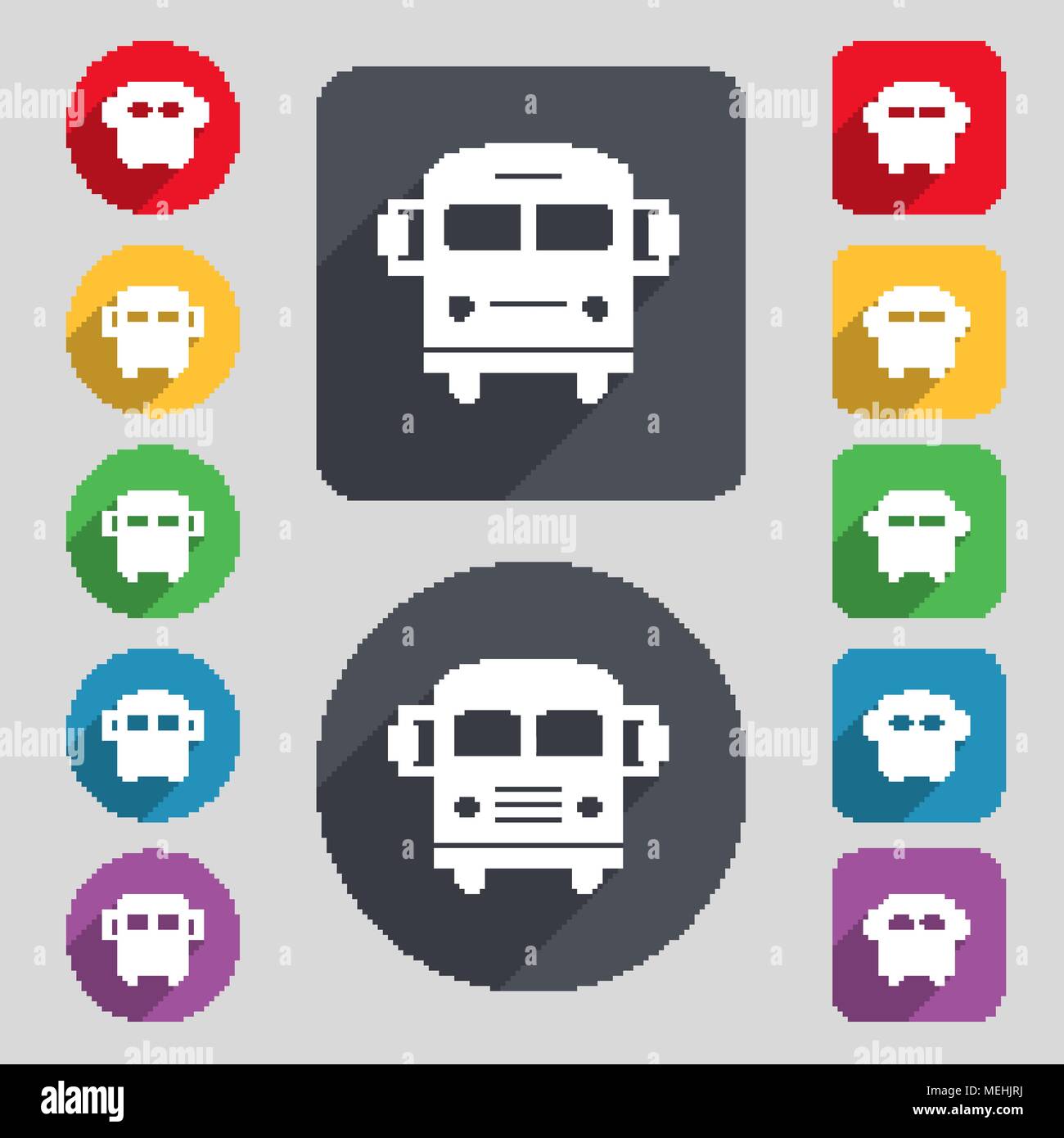 Bus icon sign. A set of 12 colored buttons and a long shadow. Flat ...