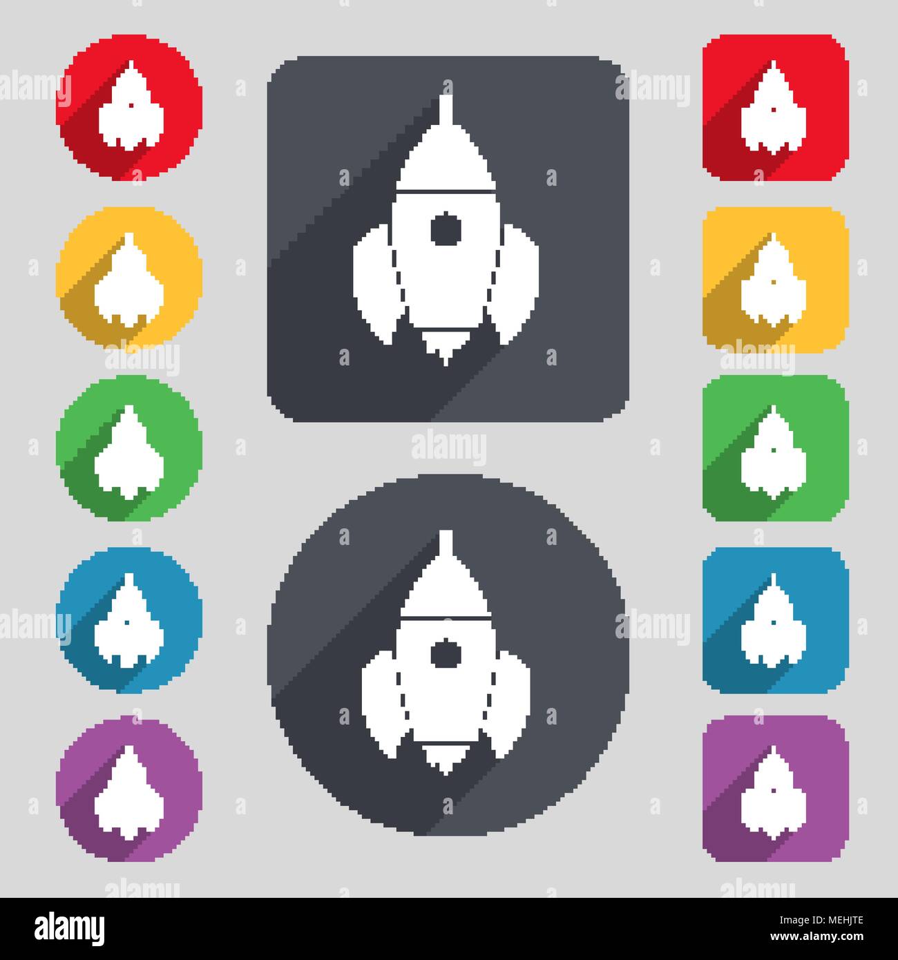 Rocket icon sign. A set of 12 colored buttons and a long shadow. Flat ...