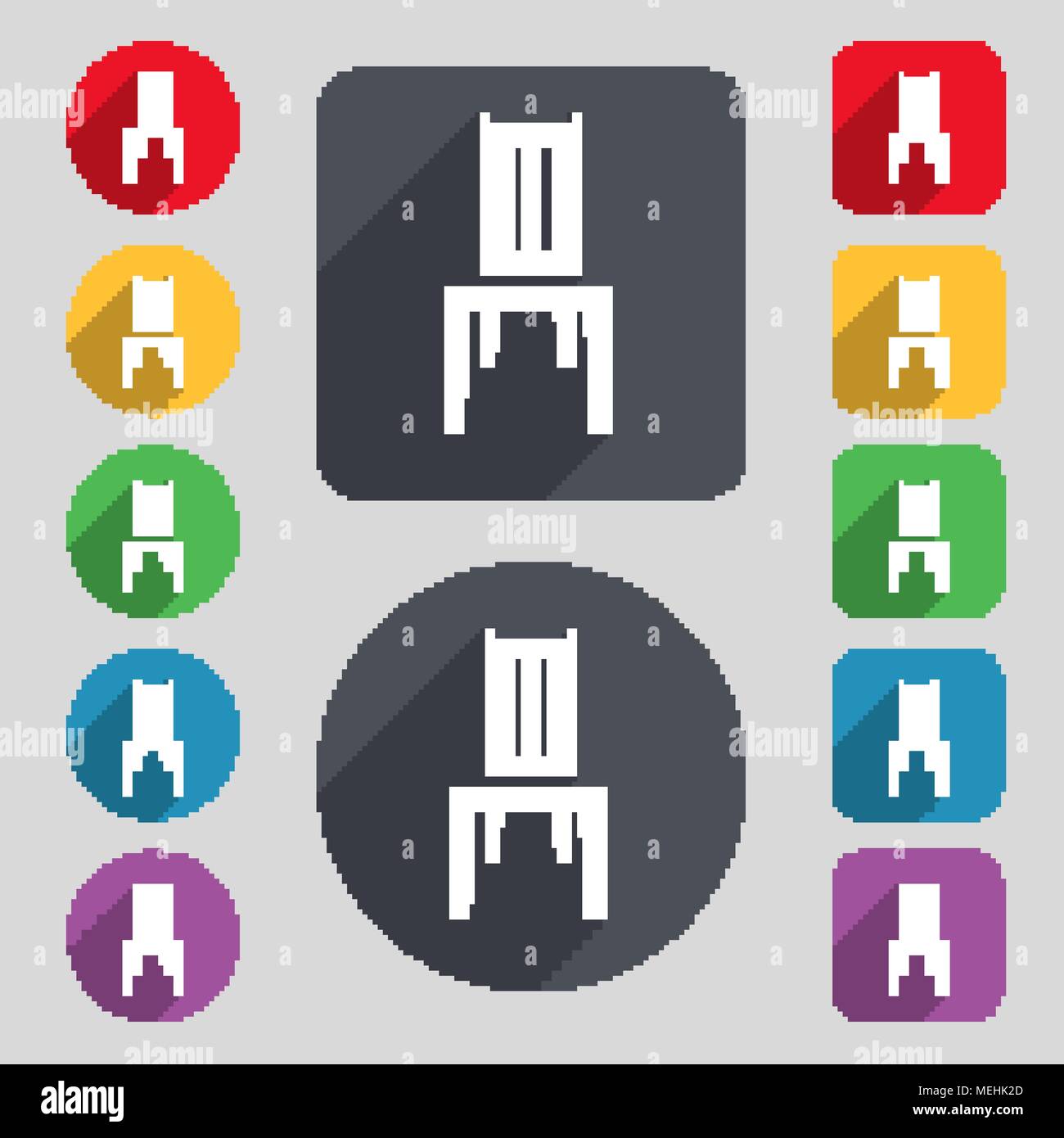 chair icon sign. A set of 12 colored buttons and a long shadow. Flat ...