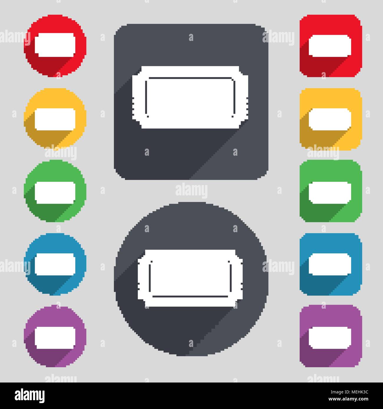 Ticket icon sign. A set of 12 colored buttons and a long shadow. Flat ...