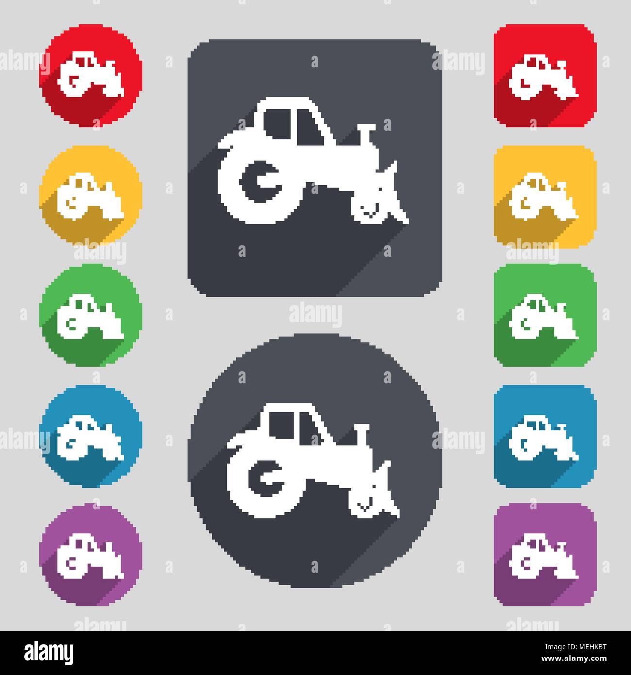 Tractor icon sign. A set of 12 colored buttons and a long shadow. Flat ...