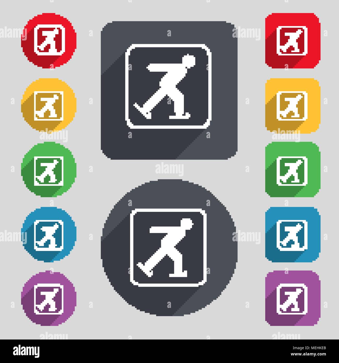 Ice skating icon sign. A set of 12 colored buttons and a long shadow ...